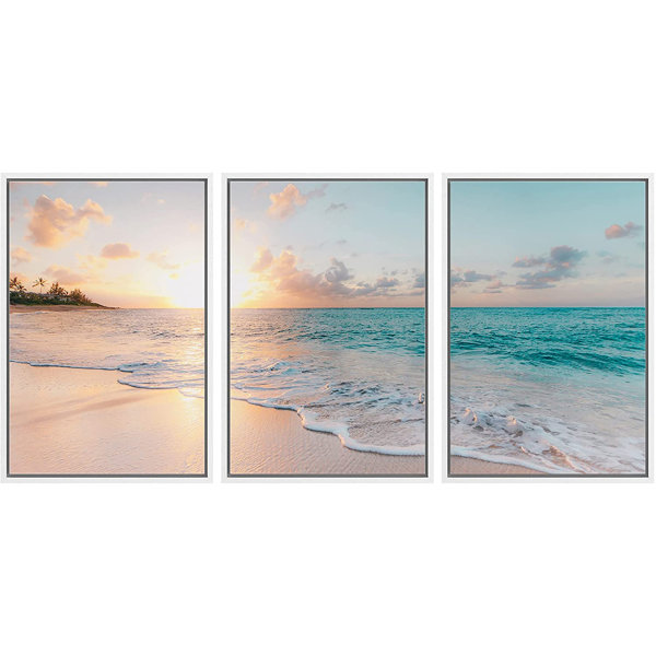 IDEA4WALL Aesthetic Sunset on Teal Ocean Coastal Beach Shore Framed Canvas 3 Pieces Print ...
